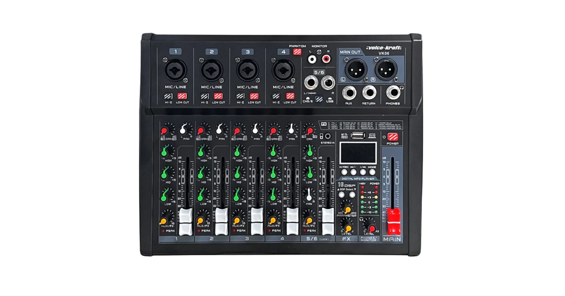Voice Kraft VK06 Keverőpult 4 mono/1 sztereo csatorna, USB Audio interface, Bluetooth, 16 DSP ...